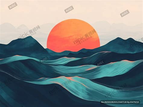 Ai创作图旭日东升插画 插画红日 高端山水线包装插画 手绘海浪旭日东升 海上落日插画 纹理山水插画 礁石插画 江水插画 插画海平面 创意山水插画插图 日出风景插画 中式山水日出 山海意境图形