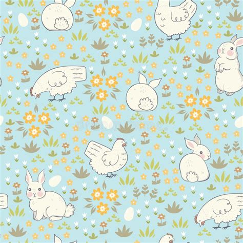 Easter Seamless Pattern With Cute Spring Chickens And Bunnies Vector