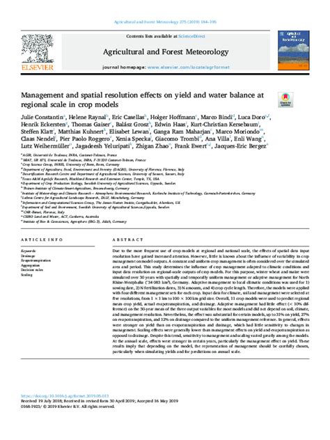 Pdf Management And Spatial Resolution Effects On Yield And Water Balance At Regional Scale In