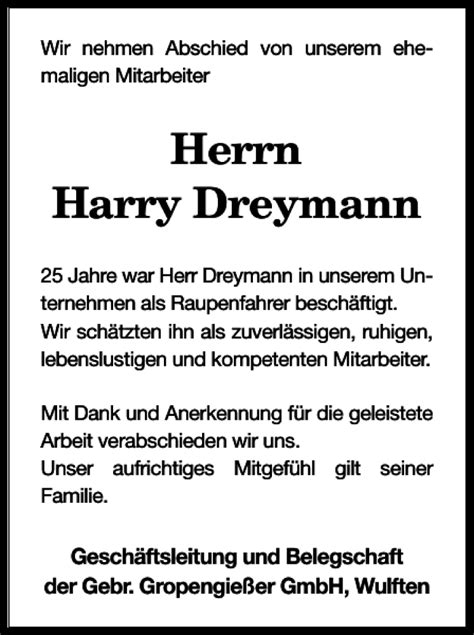 Traueranzeigen Von Harry Dreymann Harztrauerde