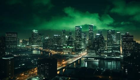 Premium Ai Image A Night Scene Of A City Lit Up In Green For The