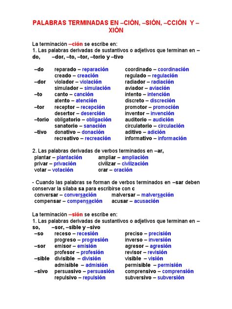Palabras Terminadas En Ción Sión Xión Y Cción Pdf