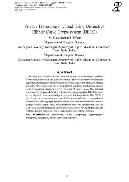 Privacy Preserving In Cloud Using Distinctive Elliptic Curve