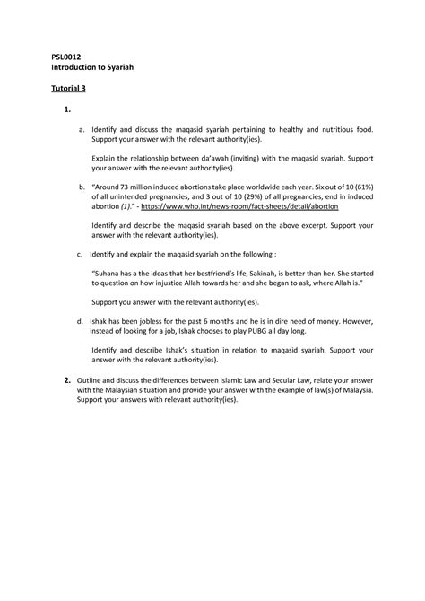 Tutorial 3 Just The Questions Psl Introduction To Syariah Tutorial