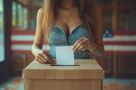 American Young Woman Is Putting Paper Into Voting Box Stock