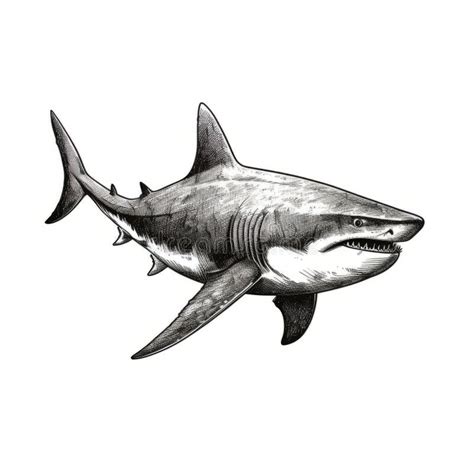 Ilustração Detalhada Da Tinta Do Grande Tubarão Branco Sobre Fundo