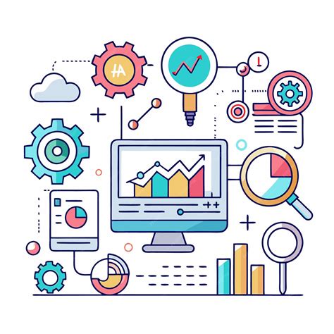 computer screen showing a bar graph with charts and gears representing growth and analytics