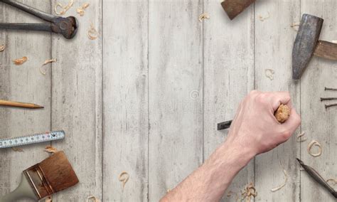 Carving With A Chisel On Wooden Surface Free Space For Text Stock