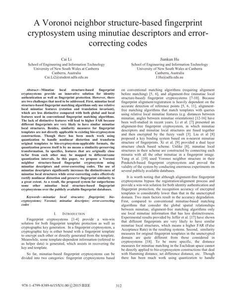 pdf a voronoi neighbor structure based fingerprint cryptosystem using