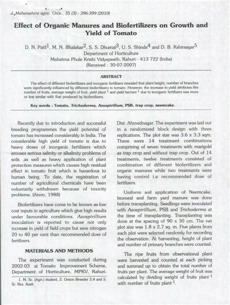 (PDF) Effect of organic manures and biofertilizers on growth and yield ...