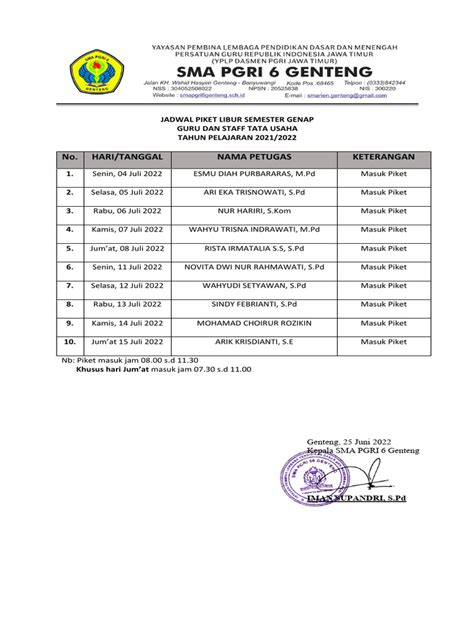 Jadwal Piket Libur Semester Genap Pdf