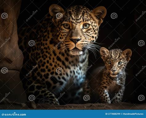 Adult Leopard With Babies Generative Ai Stock Illustration