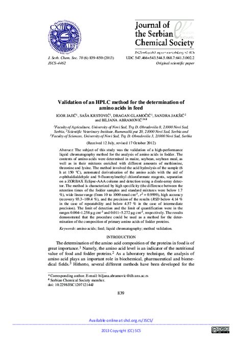 Pdf Validation Of An Hplc Method For The Determination Of Amino Acids In Feed