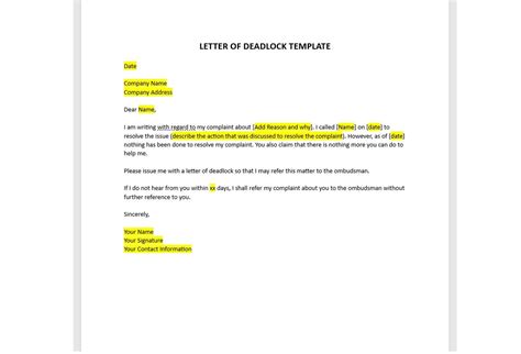 Editable Deadlock Letter Template Deadlock Letter Template Deadlock