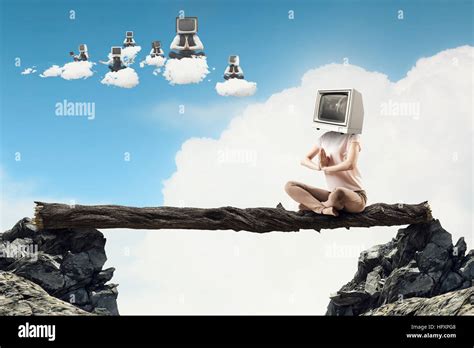 Elegant Woman With Old Monitor Instead Of Head Mixed Media Stock Photo Alamy