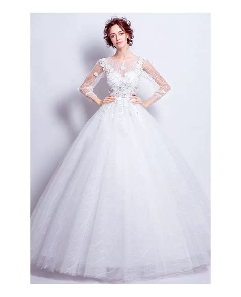 Beautiful Tulle Ballroom Bridal Gown With Long Floral Sleeves Wholesale