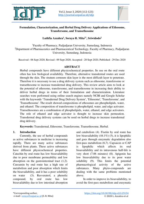 Pdf Formulation Characterization And Herbal Drug Delivery Applications Of Ethosome