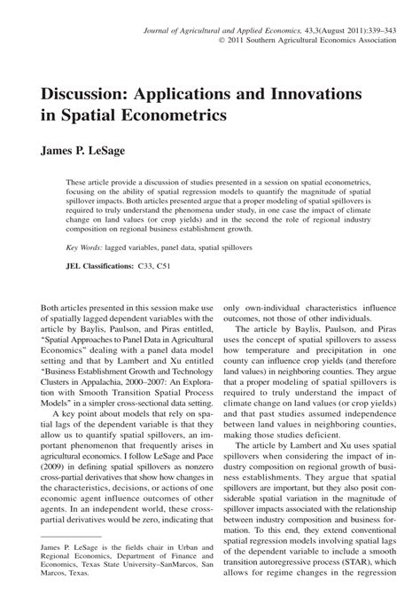 Pdf Discussion Applications And Innovations In Spatial Econometrics