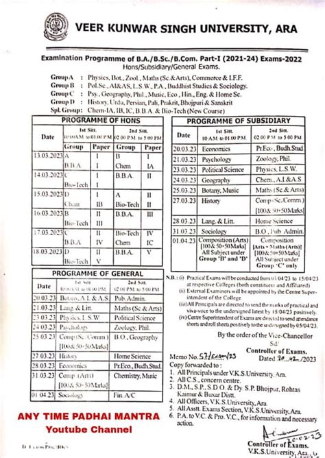Vksu Part 1 Exam Routine Session 2021 2024 Vksu Part 1 Time Table