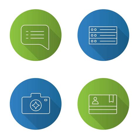 UI UX flat linear long shadow icons set. Speech bubble, camera enhance, list, membership card ...