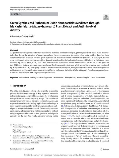 Green Synthesized Ruthenium Oxide Nanoparticles Mediated Through Iris Kashmiriana Mazar