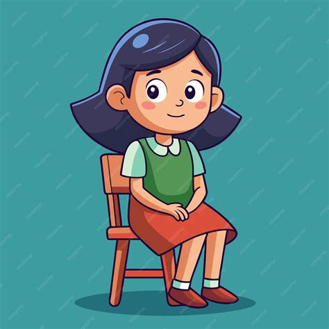 Cartoon Girl Sitting On Wooden Chair Illustration Premium Ai
