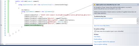 C Aspnet Mvc Insert Statement Into Db Error Column Name Or Number