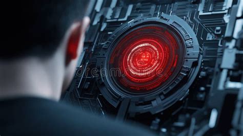a man looking at a futuristic computer screen with red lights ai stock