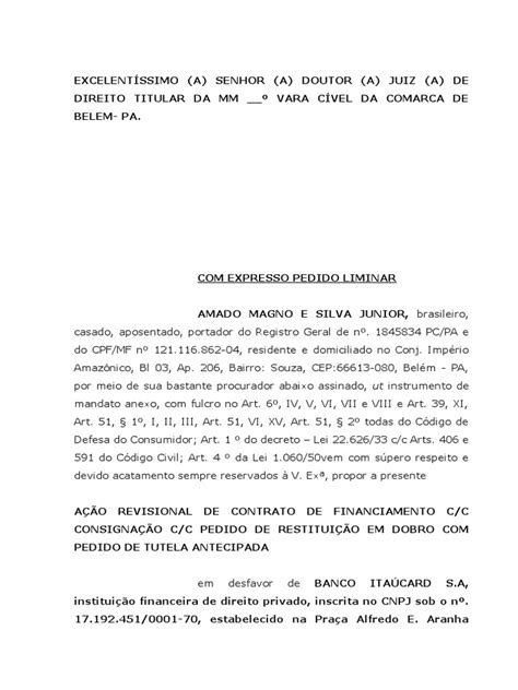 Modelo De AÇÃo Revisional De Financiamento De VeÍculo Usura Interesse