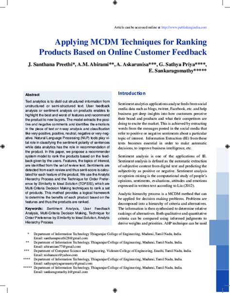 pdf applying mcdm techniques for ranking products based on online