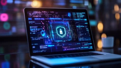 cybersecurity concept with laptop displaying digital lock and code interface stock illustration