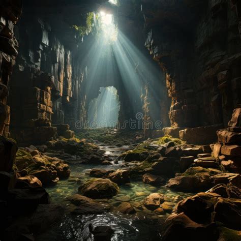 The Cave With The Reflection Of Bright Fantasy Light Inside Shows The