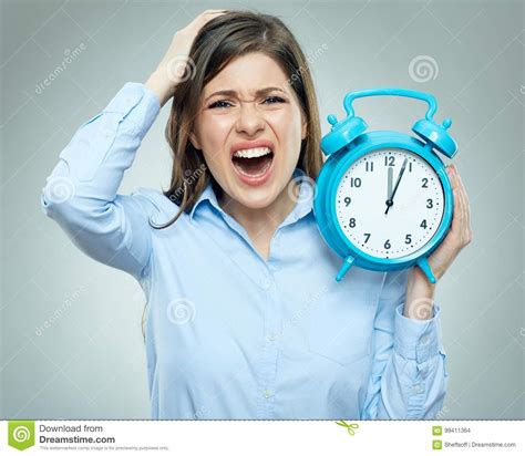 Deadline Concept Portrait With Scared Business Woman Holding Ala Stock