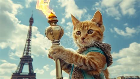 A Cat Holds A Torch In Front Of The Iconic Eiffel Tower Stock