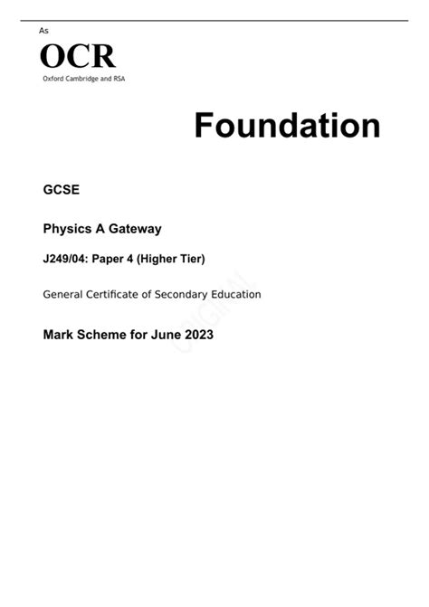 OCR GCSE Physics A Gateway Science Paper And Higher Tier JUNE QUESTION PAPERS