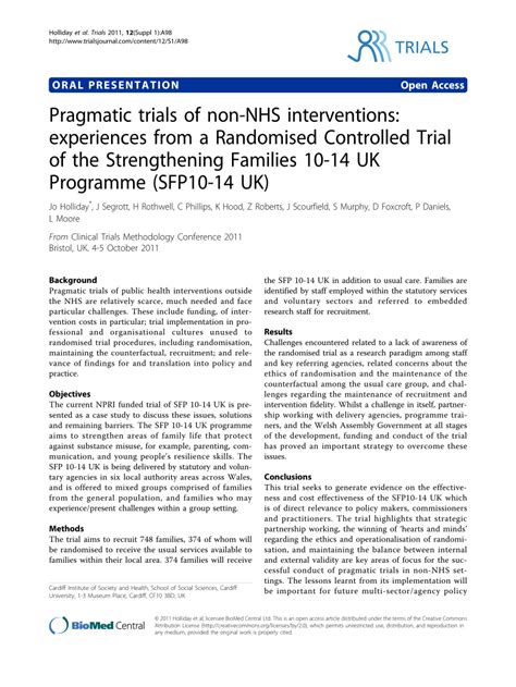 Pdf Pragmatic Trials Of Non Nhs Interventions Experiences From A Randomised Controlled Trial