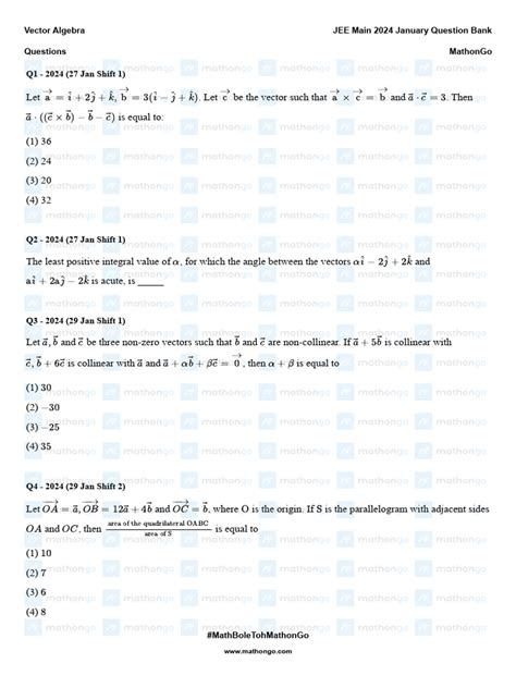 Jee Main 2024 Vector Algebra Questions Pdf Geometry Euclidean Geometry