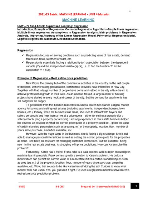 Ml Unit 4 Material Svck Cse Pdf Linear Regression Logistic Regression