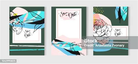 손으로 그린 벡터 추상적 인 특이한 보헤미안 결혼식은 녹색 색상의 그래픽 모란 꽃으로 날짜 카드 템플릿 컬렉션 세트를 저장합니다 보헤미안 결혼식 기념일 생일 파티 초대장