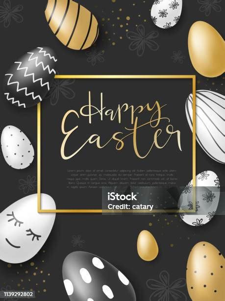 벡터 일러스트 레이 션의 부활절 날 인사말 배너 템플릿 손 글자 레이블행복 한 부활절현실적인 흰색 검은 색과 금색 계란 개념에 대한 스톡 벡터 아트 및 기타 이미지 Istock