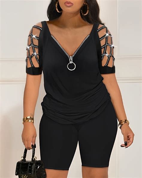 Rhinestone Cold Shoulder Zipper Fly Top And Shorts Set