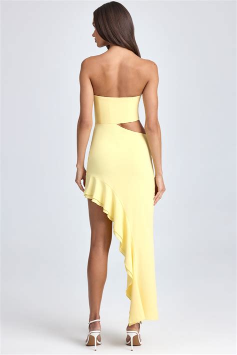 Bandeau Cut Out Ruffle Trim Maxi Dress In Lemon Sherbet Oh Polly