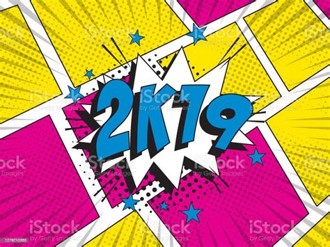 새해 벡터 팝 아트 일러스트 하프톤 점선 그림자 배경 다채로운 복고풍 만화 연설 거품 2k19라는 단어 12월 31일에 대한