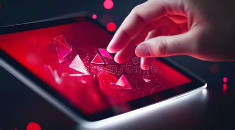 Hand Interacting With Futuristic Red Digital Interface On Tablet Stock