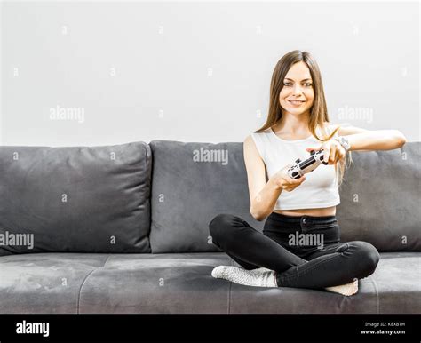 Lovely Girl Plays Video Game Stock Photo Alamy