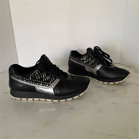 Prada Shoes Prada Crystal Embellished Lace Up Leather Sneakers