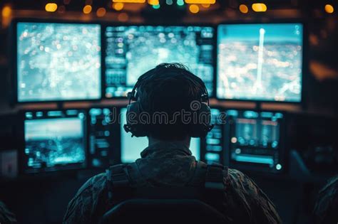 Military Personnel Operating Advanced Technology In A Command Center