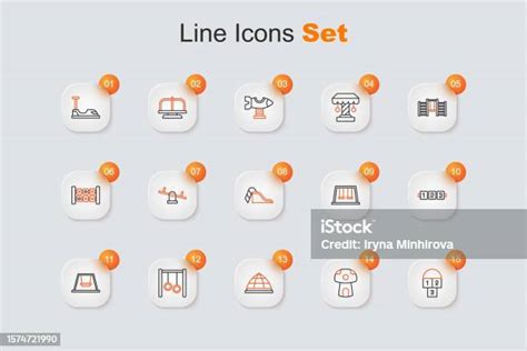 세트 라인 Hopscotch 버섯 집 놀이터 등반 장비 체조 링 관람차 교육 논리 게임 어린이를위한 그네 및 슬라이드 놀이터 아이콘 벡터 0명에 대한 스톡 벡터 아트 및