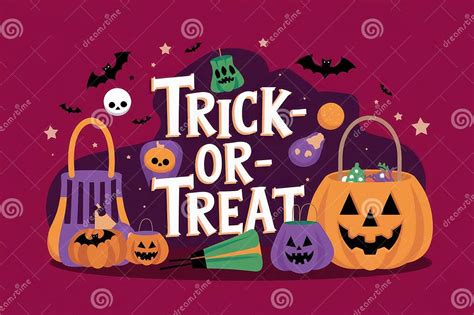 Colorful Halloween Trick Or Treat Illustration Pumpkins Bats
