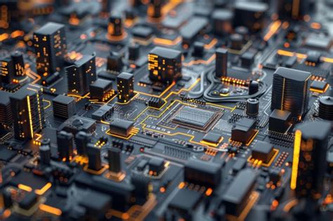 Complex Circuit Board Resembling A Futuristic City At Night Stock